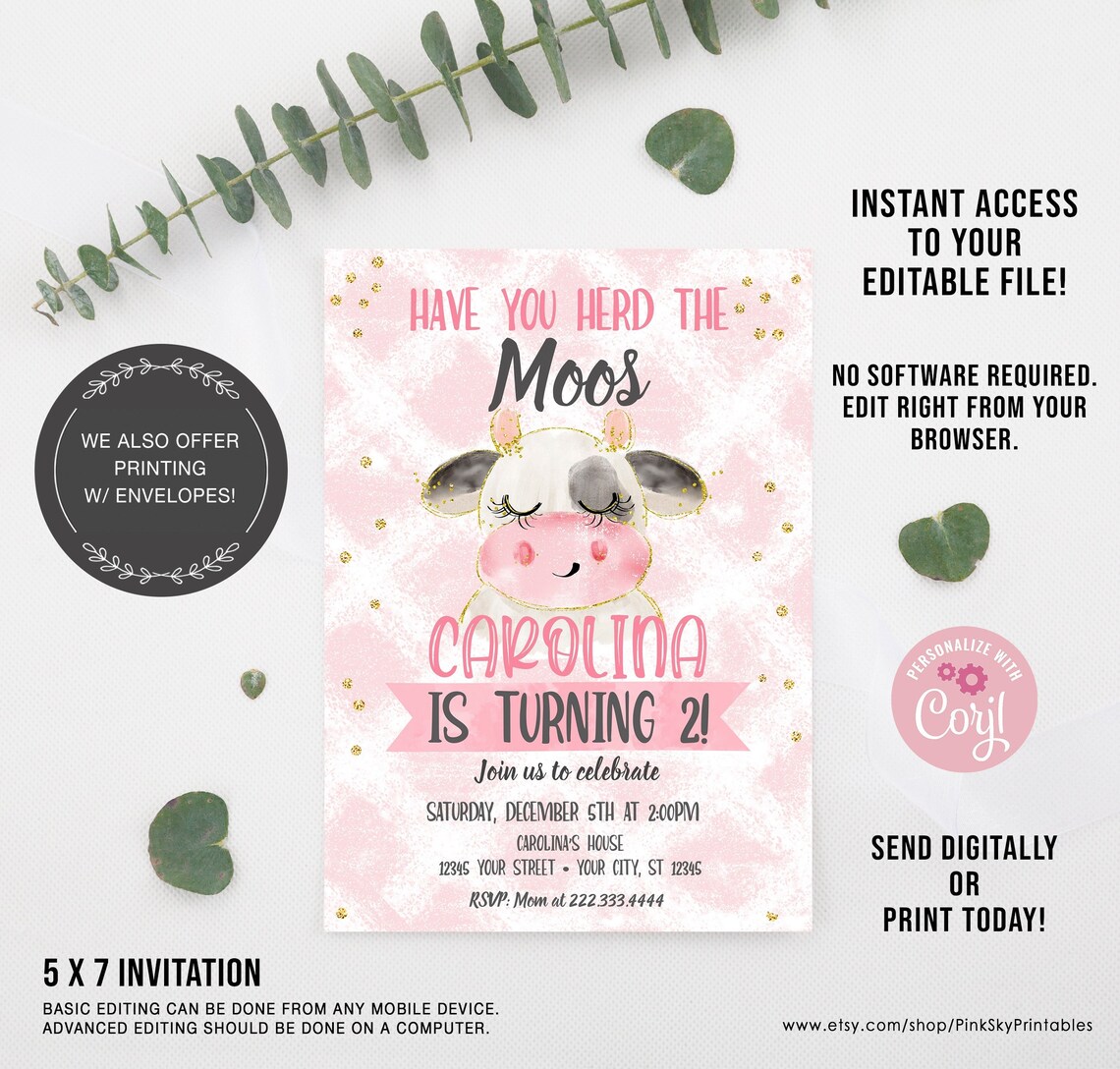 Editable Cow Birthday Invitation Digital File Moo | Etsy