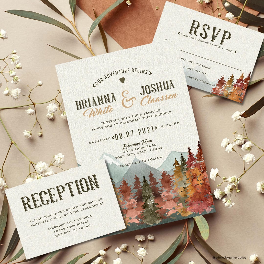 Mountains Fall Wedding Invitation, Rustic Wedding, Wilderness, Trees ...