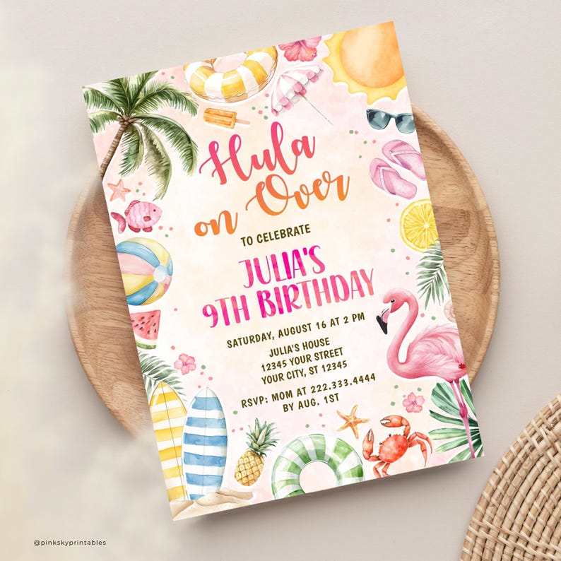 Hula on Over Birthday Invitation for Girls, Tropical Luau Party Invite ...