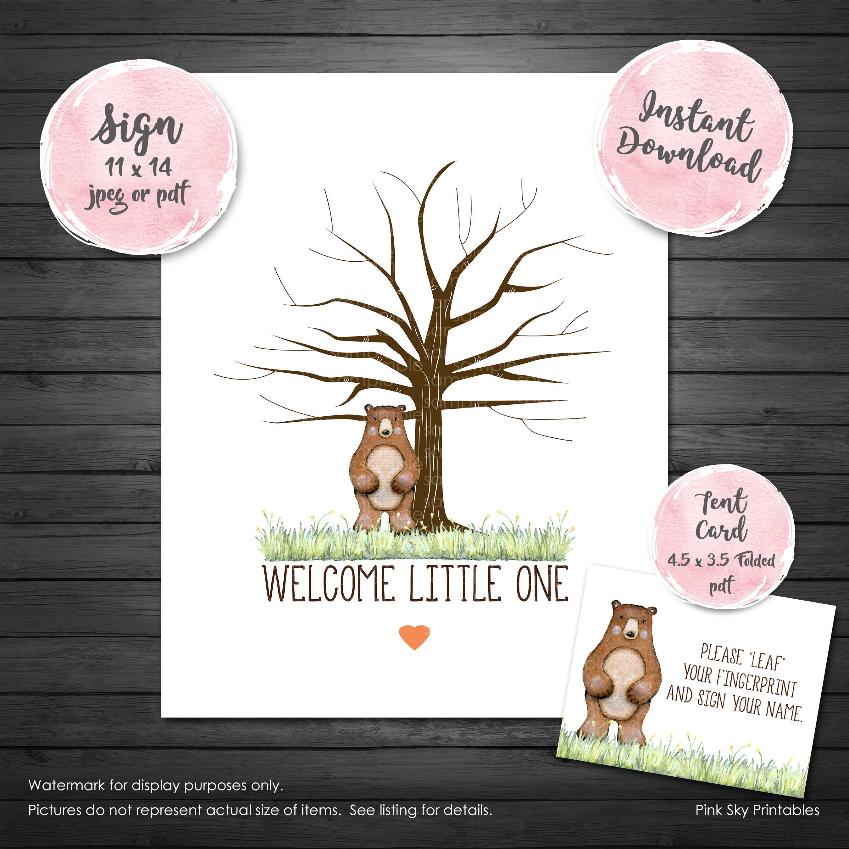 Bear Fingerprint Tree Sign Baby Shower Bear Baby Shower | Etsy