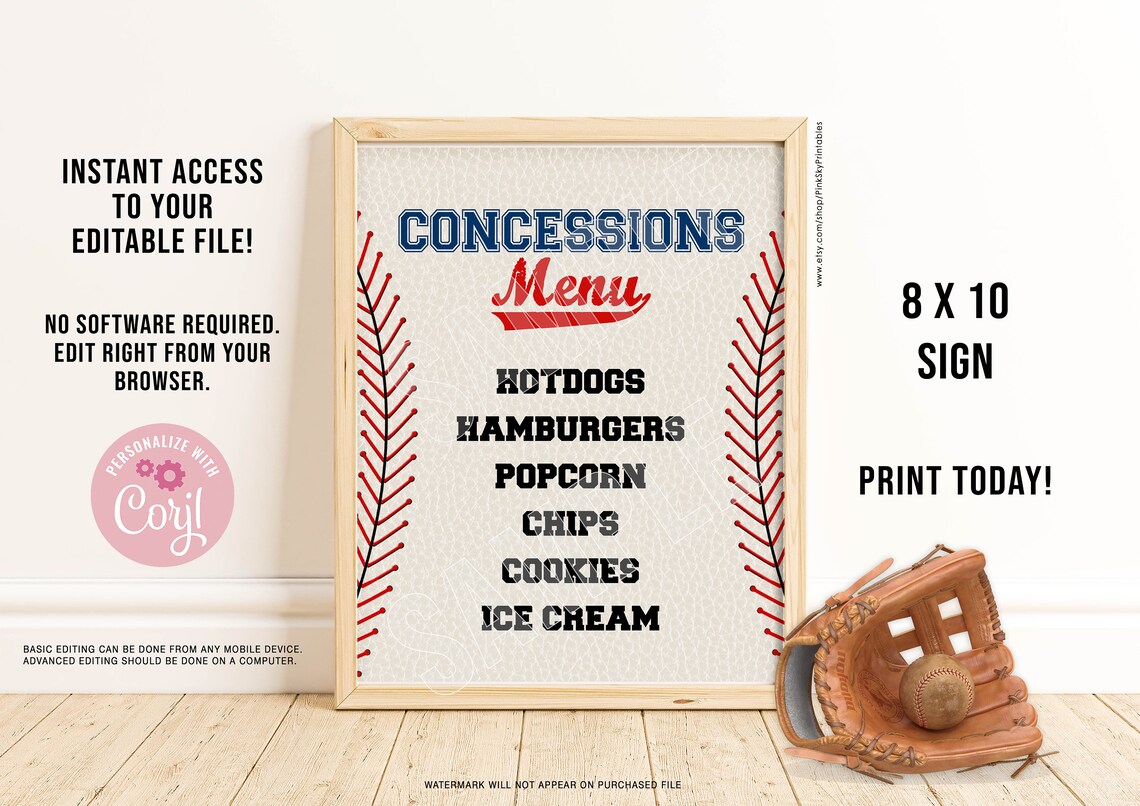 EDITABLE Baseball Concessions Menu Sign Digital File - Etsy
