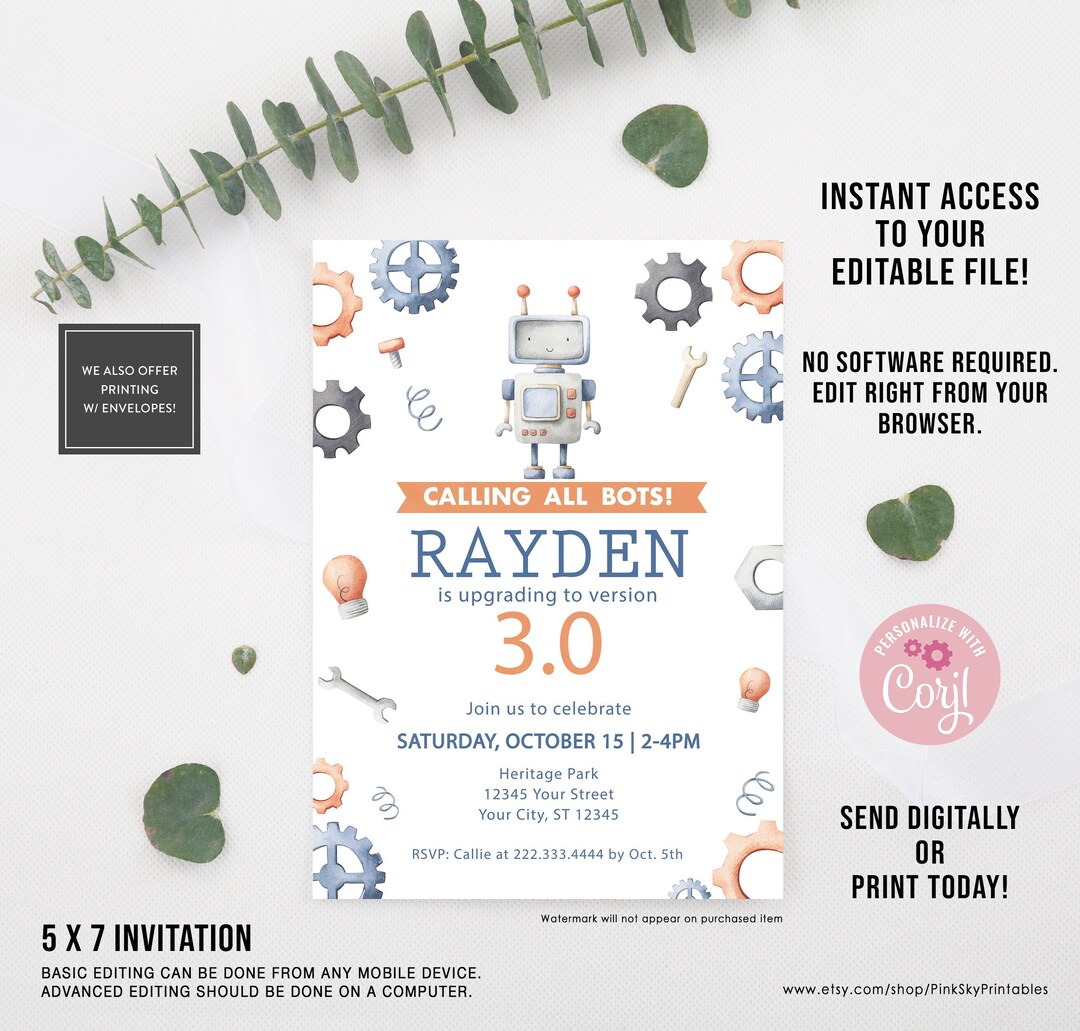 Robots Birthday Invitation EDITABLE Robot Birthday Party - Etsy