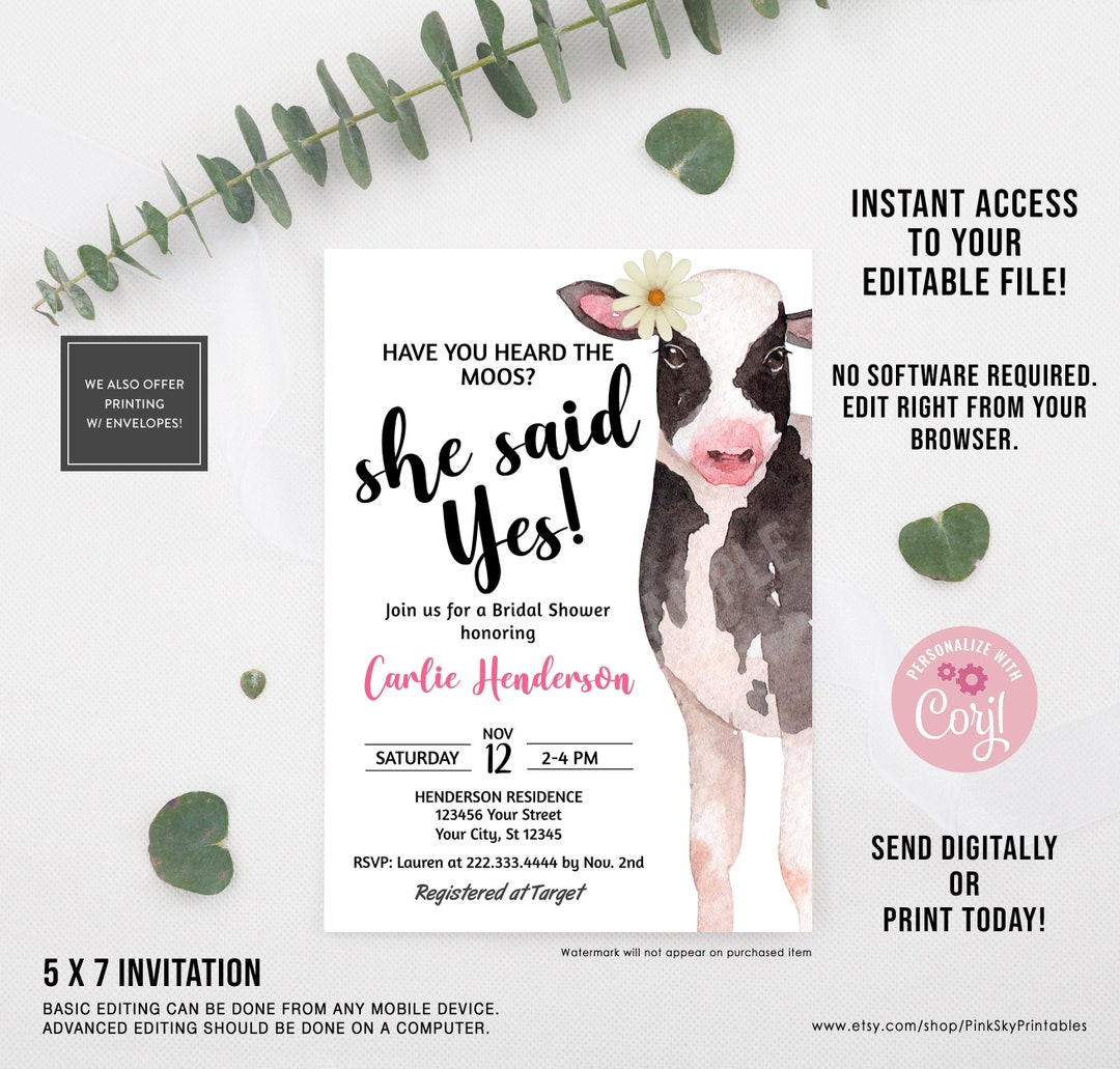 Cow Bridal Shower Invitation, EDITABLE, Country Bridal Shower, Farm ...