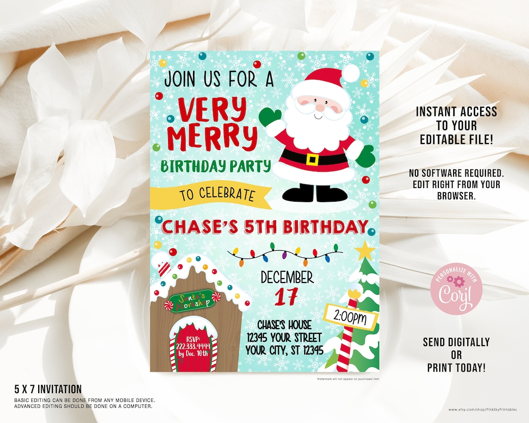 EDITABLE Santa Birthday Party Invitation, Santa Christmas Invitation ...