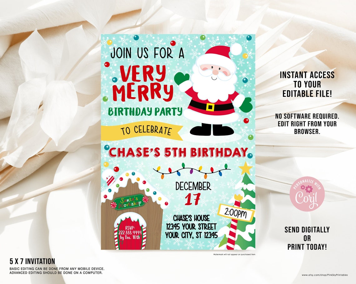 EDITABLE Santa Birthday Party Invitation, Santa Christmas Invitation ...