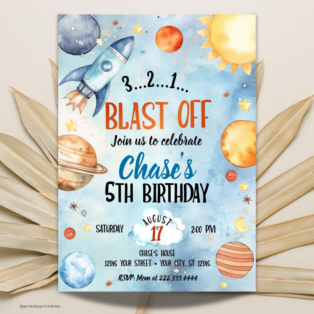 Space Birthday Invitation Template, Planets Rocket Ship Astronaut ...