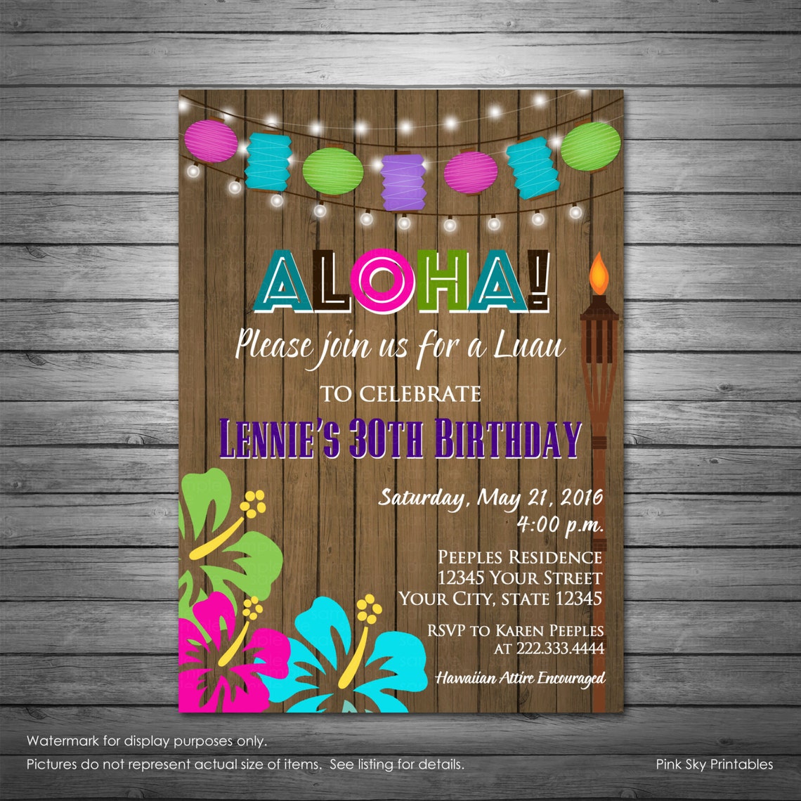 Luau Birthday Party Invitation Hibiscus Flowers Tiki - Etsy