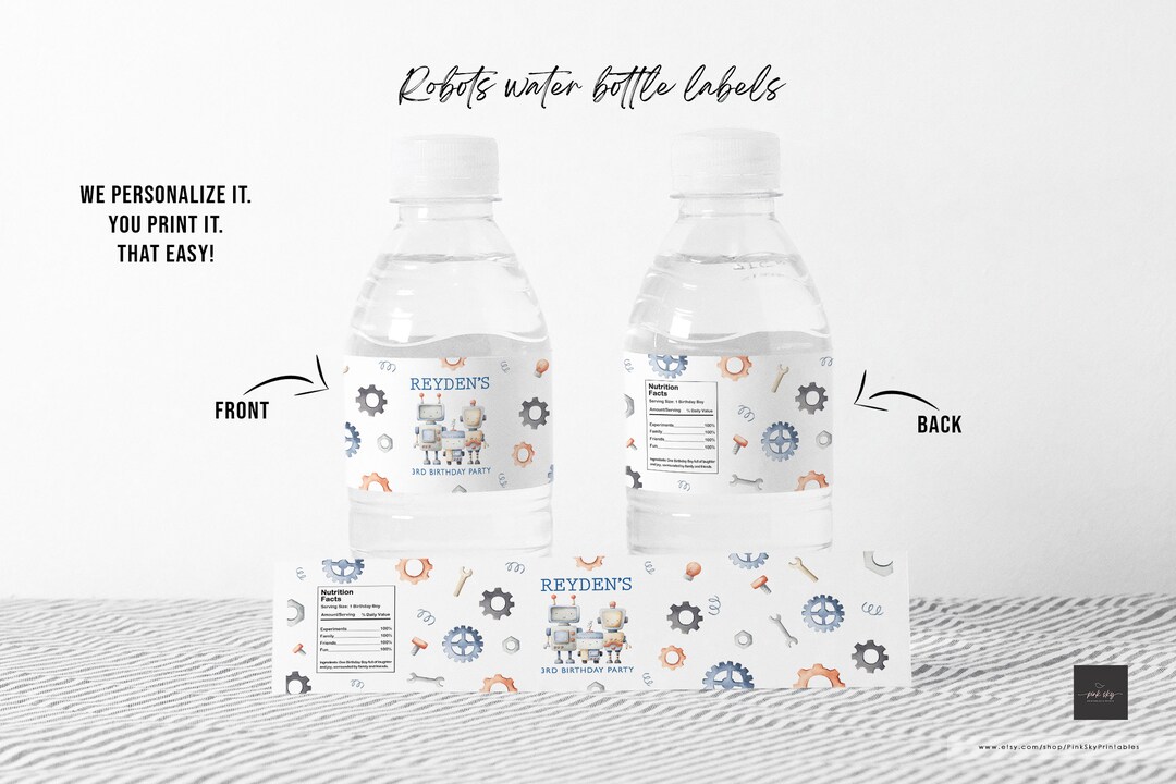 Water Bottle Labels, Digital File, Robots Party Decor, Cute Robots ...