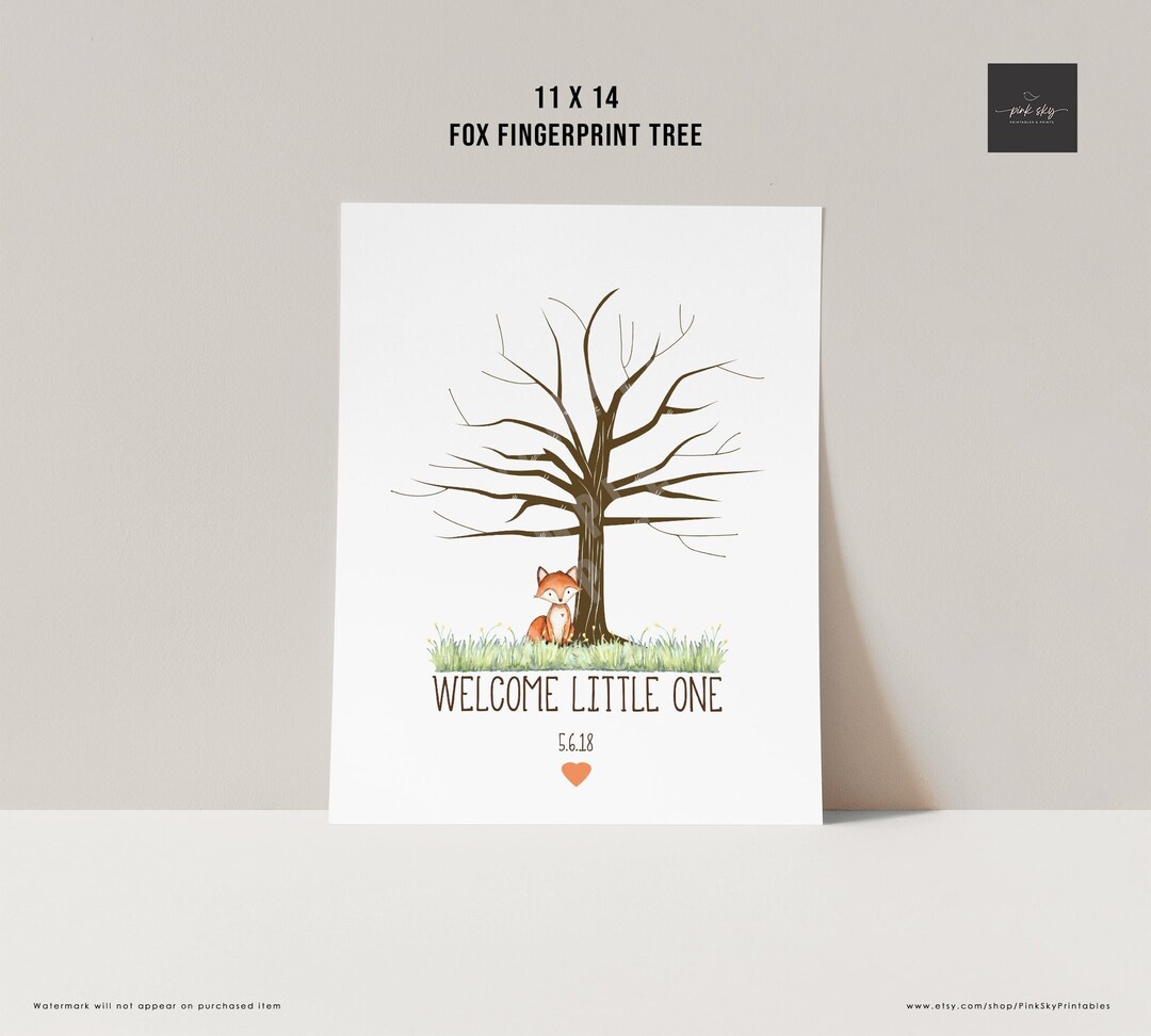 Fox Fingerprint Tree Sign, Baby Shower Fox Baby Shower, Thumbprint Sign ...