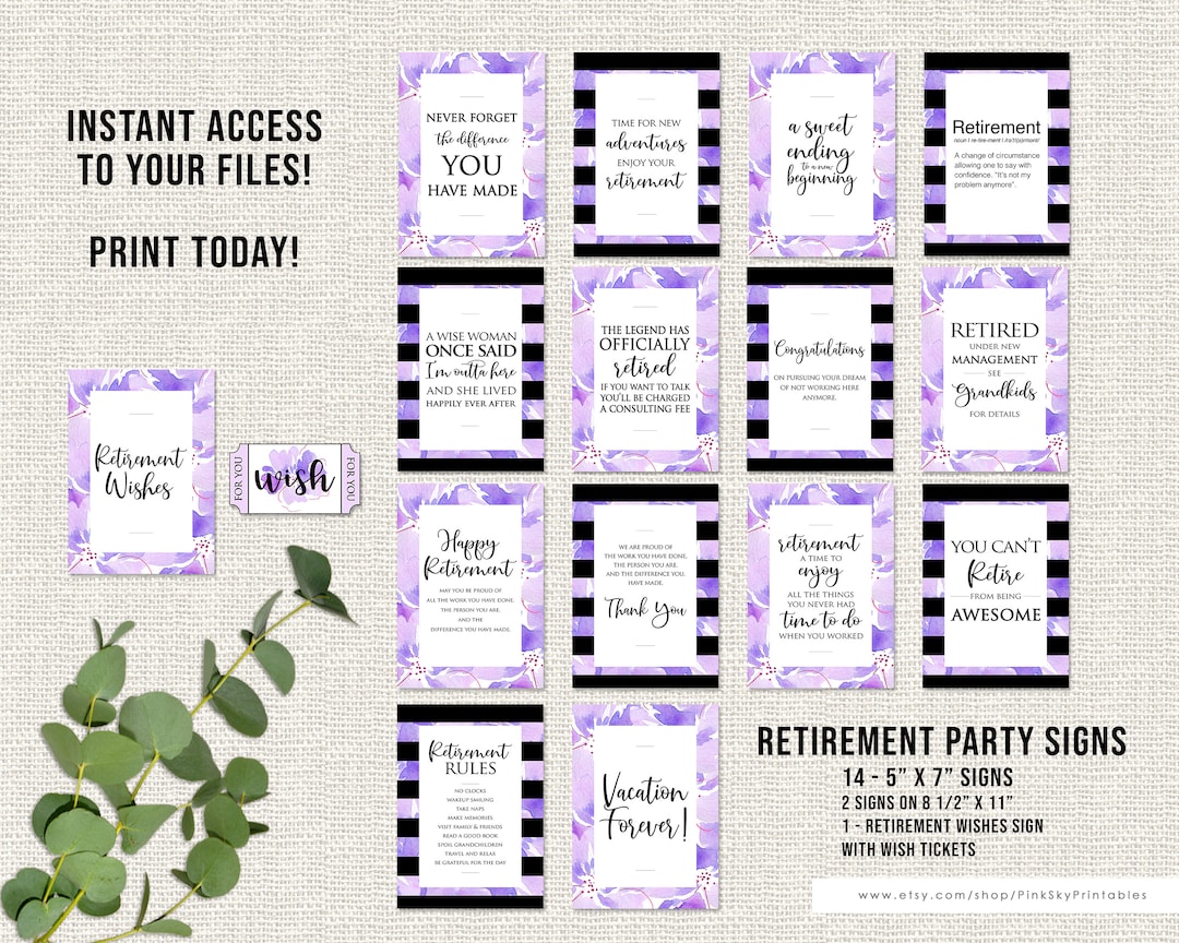 Retirement Party Signs, 5 X 7, INSTANT DOWNLOAD, 14 Fun Signs, Purple ...