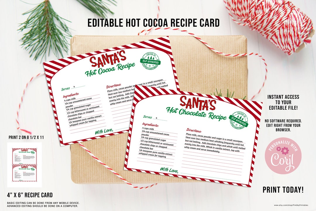 EDITABLE Santa's Hot Cocoa Recipe Card, Christmas Gift Hot Chocolate ...