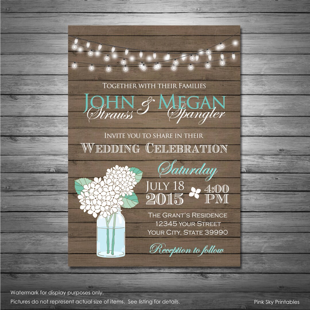 Rustic Mason Jar Wedding Invitation, Wood Invitation, Hydrangeas ...