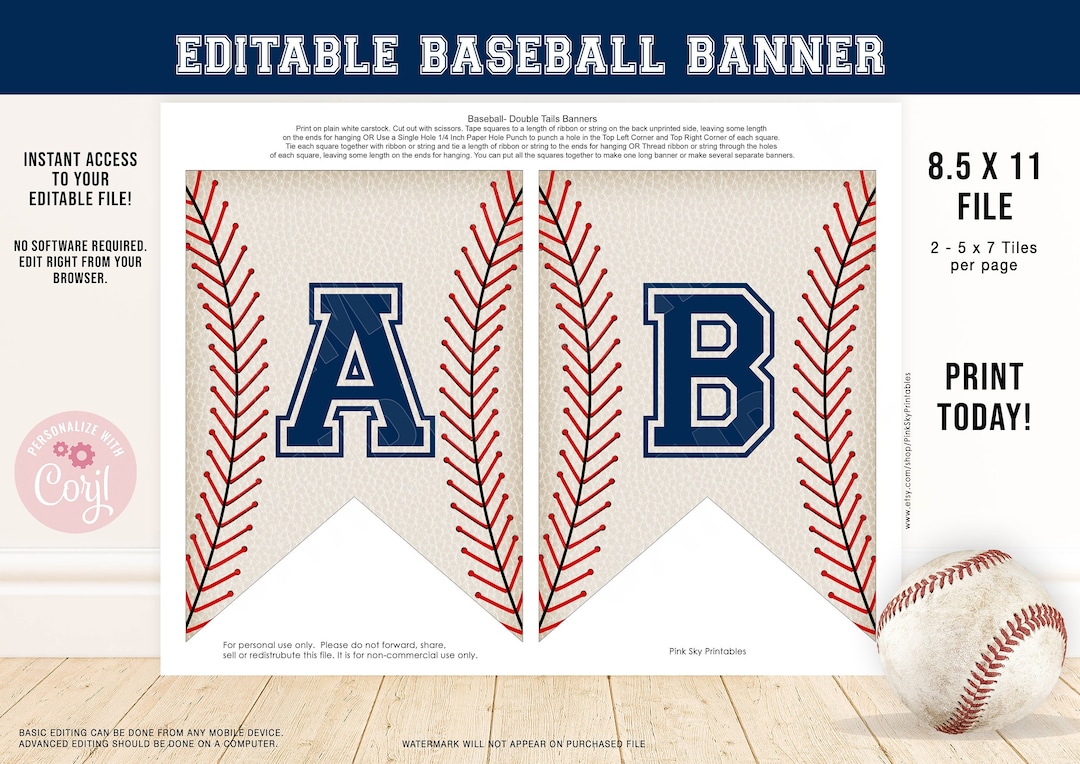 EDITABLE Baseball Banner, Digital File, Baseball Party Double Tails ...
