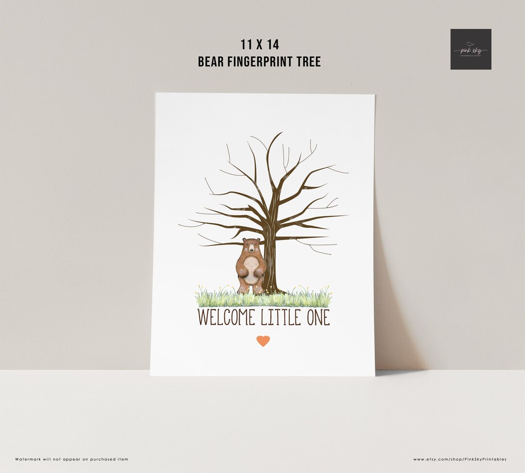 Bear Fingerprint Tree Sign, Baby Shower Bear Baby Shower, Thumbprint ...