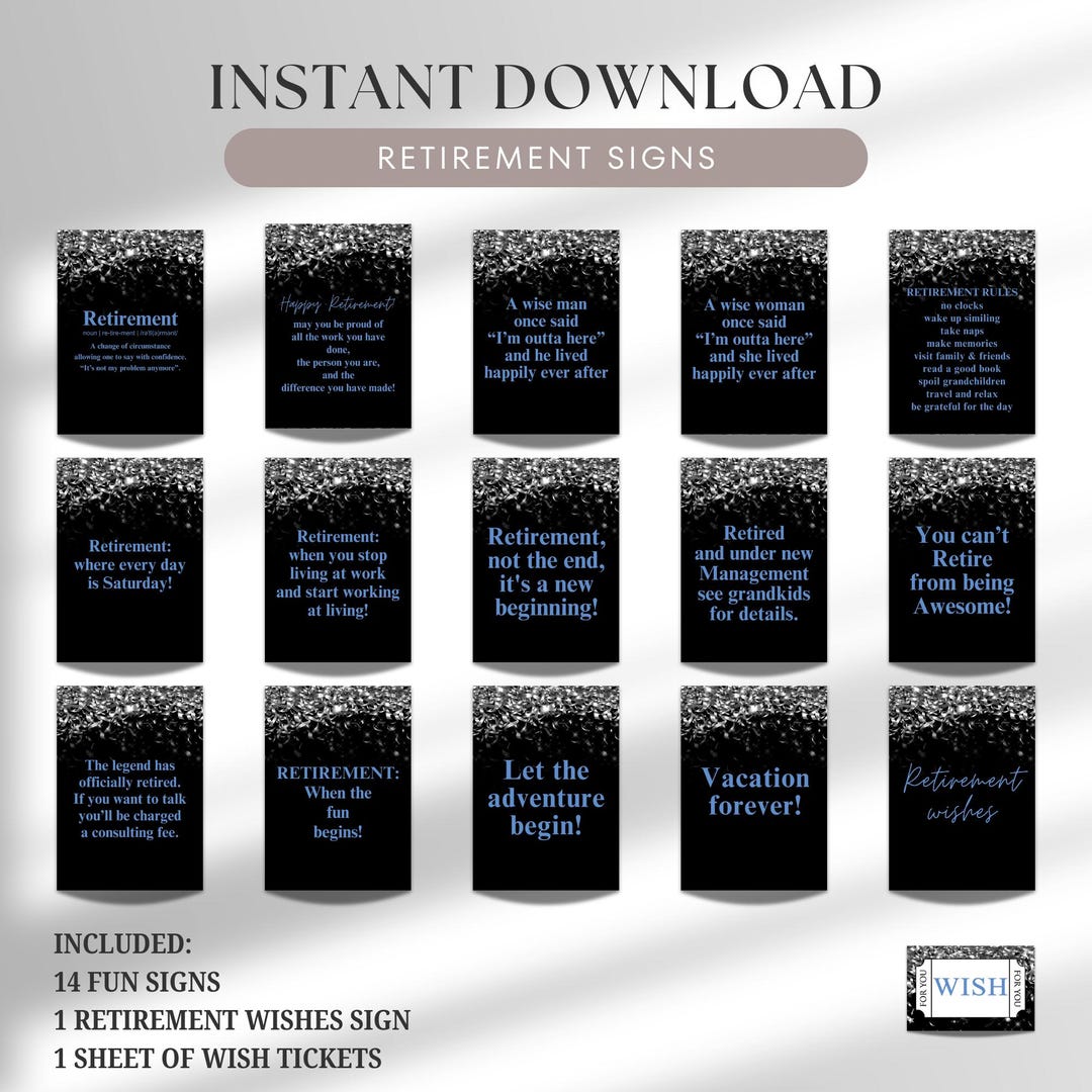 Retirement Party Signs, 5 X 7, INSTANT DOWNLOAD, 14 Fun Signs, 1 ...