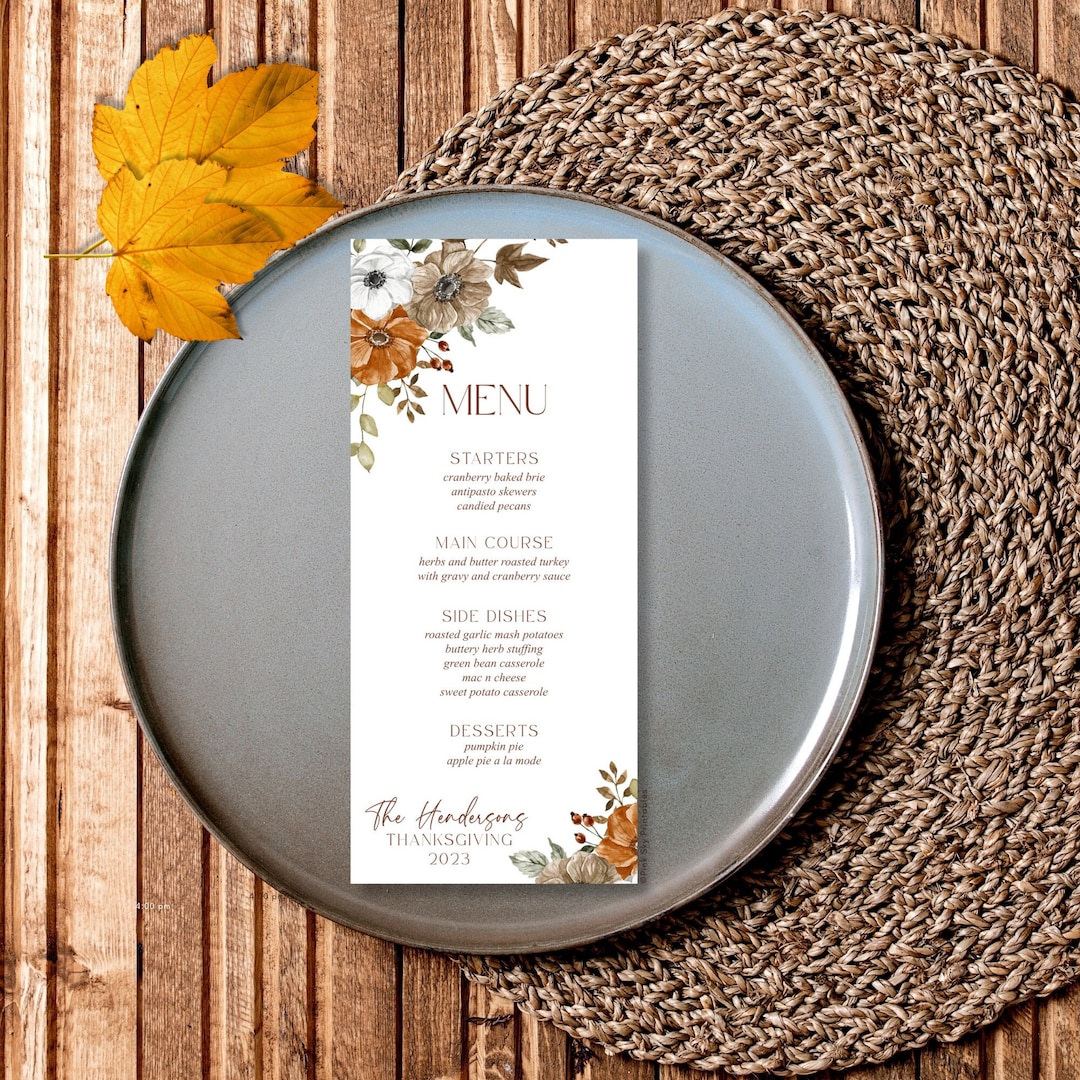Thanksgiving Dinner Menu Template, Printable Thanksgiving Dinner Menu ...