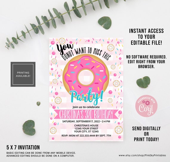 EDITABLE Donuts Birthday Invitation Doughnut Birthday Party - Etsy