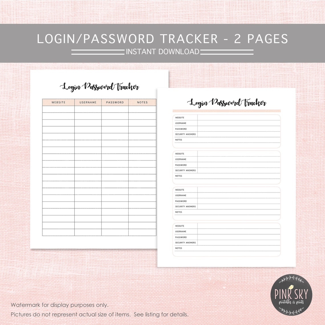 Login Password Tracker Printable Home Organization Login - Etsy