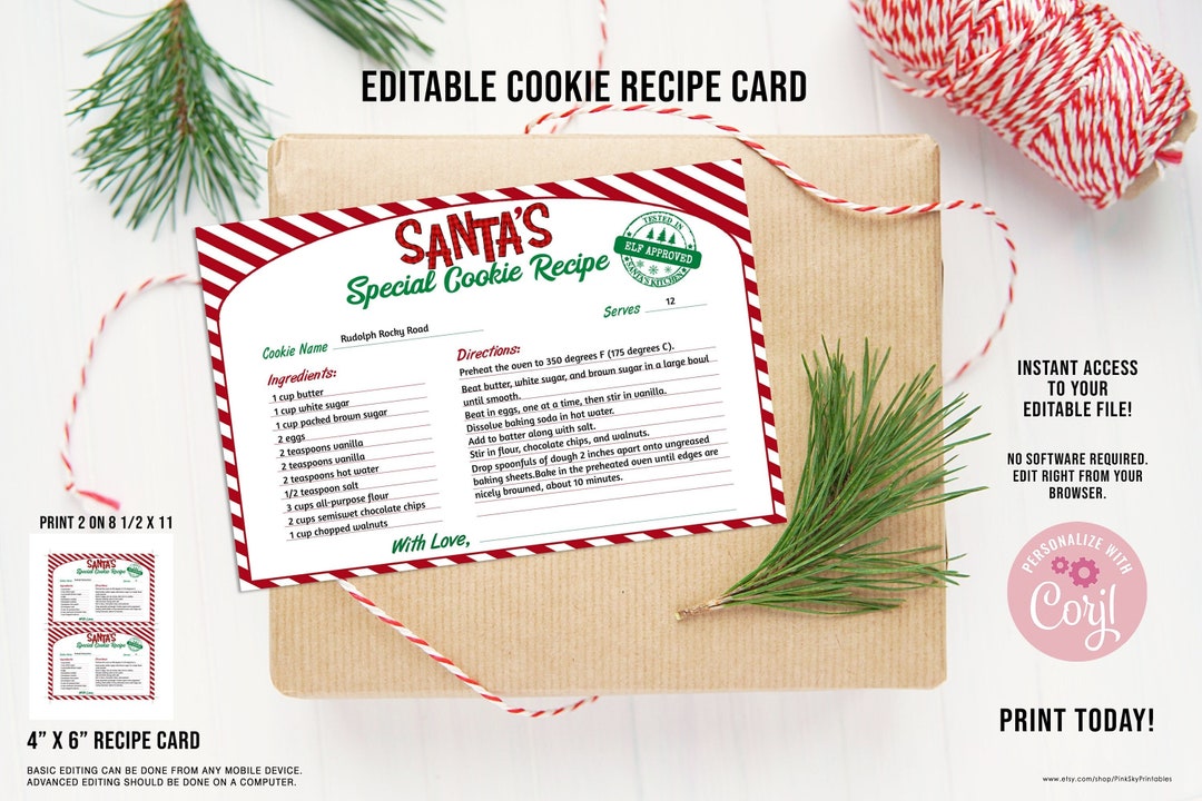 EDITABLE Santa's Cookie Recipe Card, Christmas Gift Cookie Recipe, DIY ...