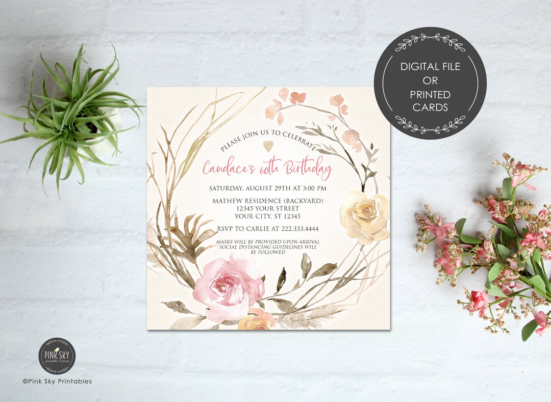 Floral Birthday Invitation, Square Birthday Invitation, Roses Birthday ...