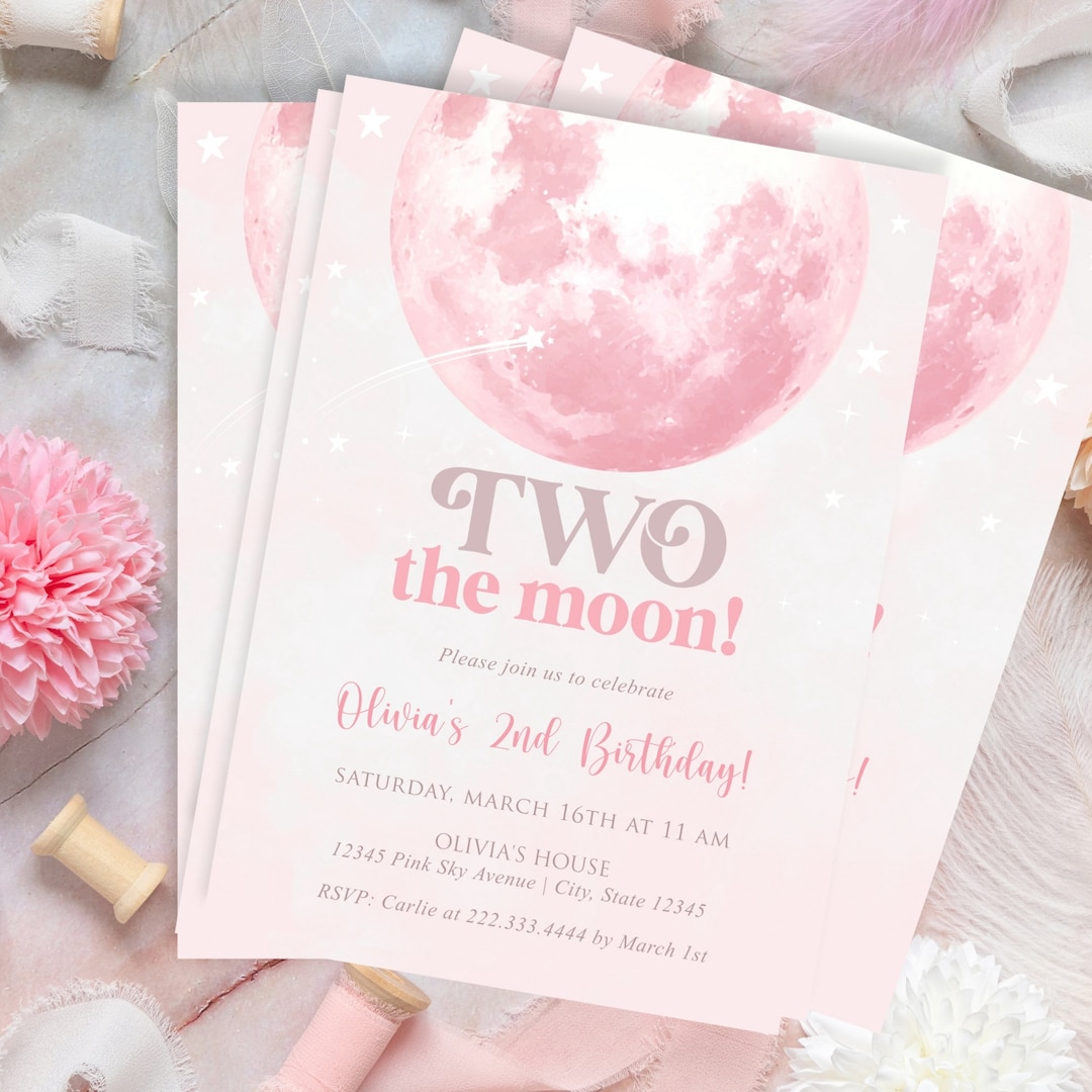 Two the Moon 2nd Birthday Invitation Template Girl, Two the Moon ...