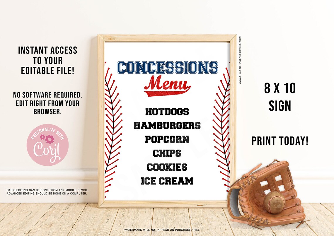 EDITABLE Baseball Concessions Menu Sign Digital File - Etsy