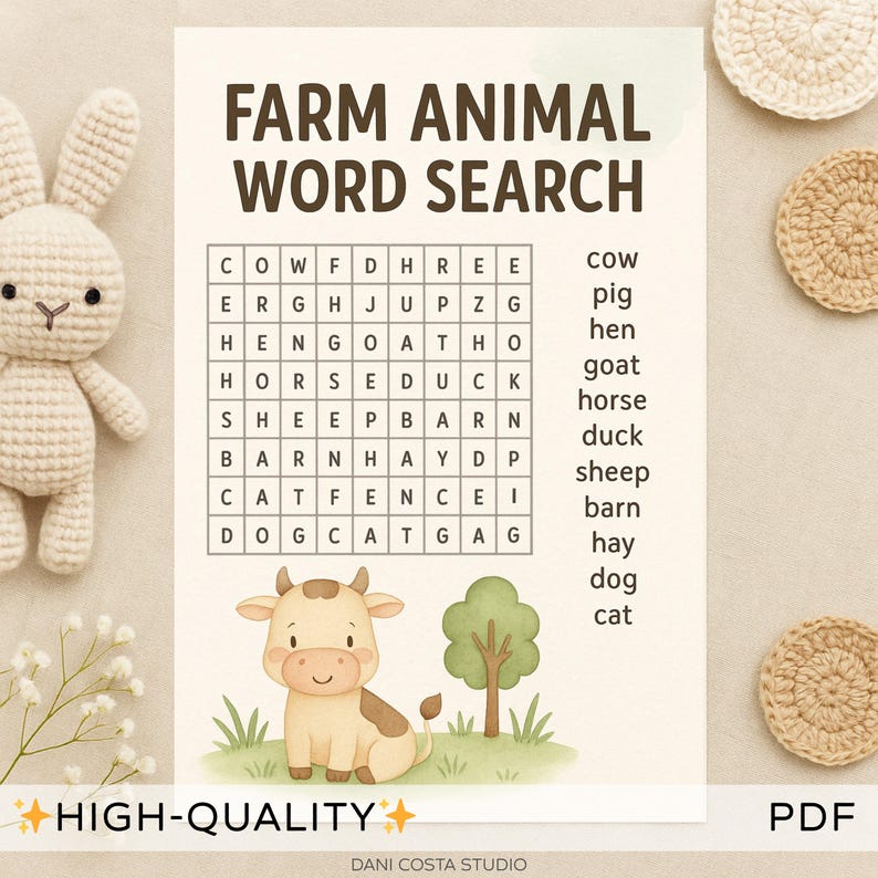 Farm Animal Word Search for Kids – A4 Printable PDF | Fun Educational ...