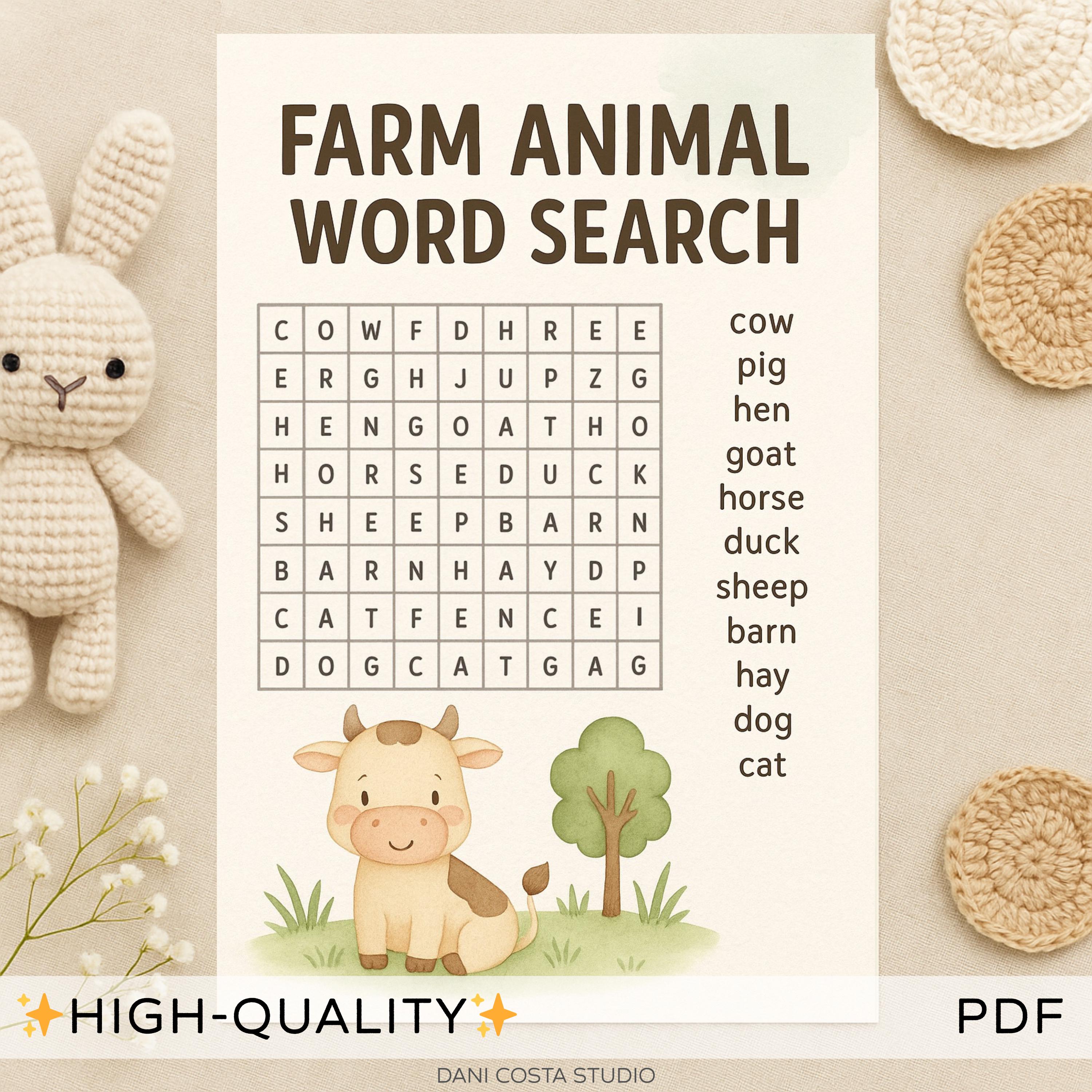 Farm Animal Word Search for Kids – A4 Printable PDF | Fun Educational ...
