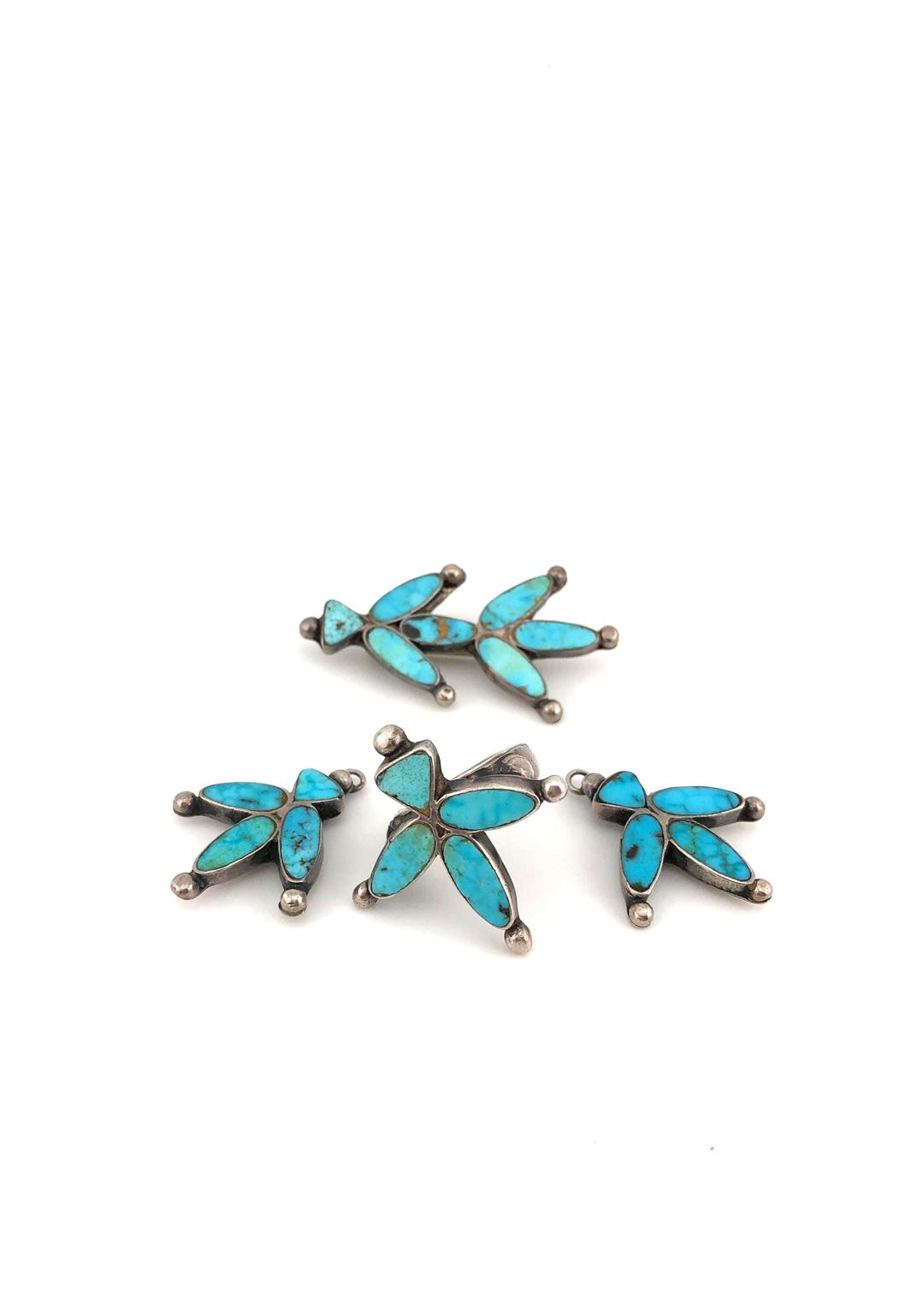 Vintage Turquoise Inlay Jewelry Set: Bird Track Ring (size 6), Brooch ...
