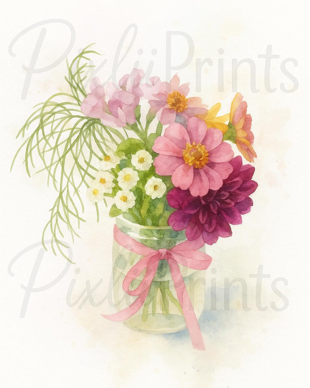 Vibrant Bouquet, Watercolor Flowers in Mason Jar With Pink Ribbon ...