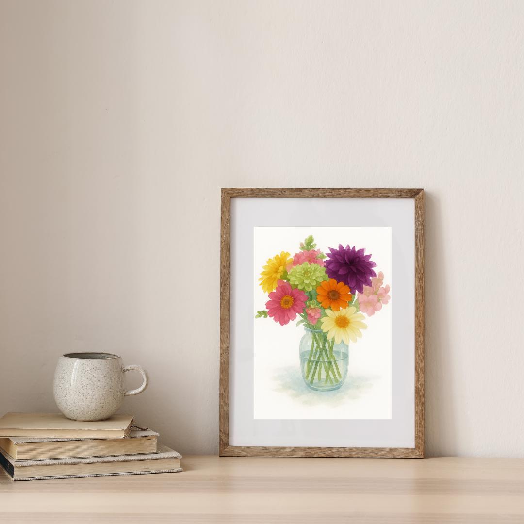 Watercolor Zinnia Bouquet, Watercolor Zinnia and Dahlia Flowers in ...
