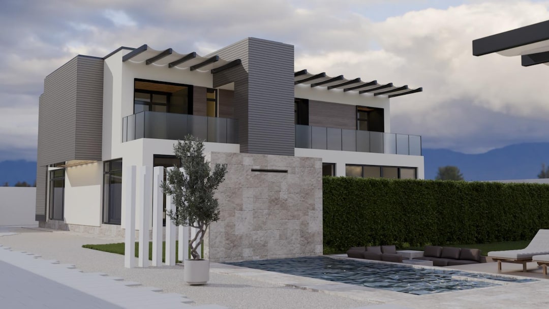 Modern Luxury Villa Rendering – High Resolution Architectural Art Print ...