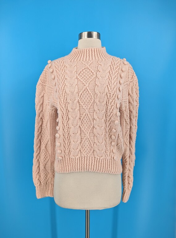 Vintage 80s Pale Pink Handmade Cable Knit Sweater - 8… - Gem
