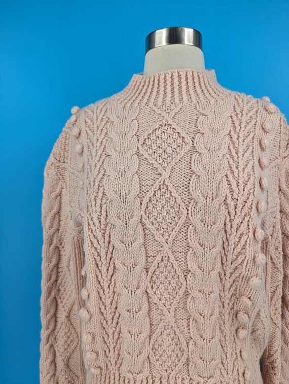 Vintage 80s Pale Pink Handmade Cable Knit Sweater - 8… - Gem