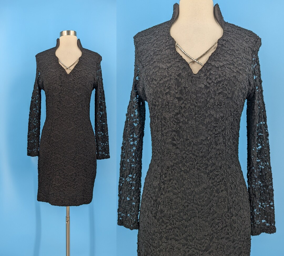 Vintage Eighties Black Stretch Lace Long Sleeve Mini Dress With ...