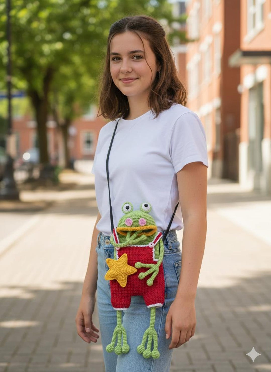 Crochet Frog Phone Bag With Overalls & Star - Handmade Amigurumi ...