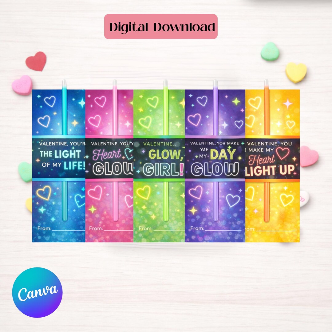 Glow Stick Valentines, Printable Valentine Card, Kids Classroom ...