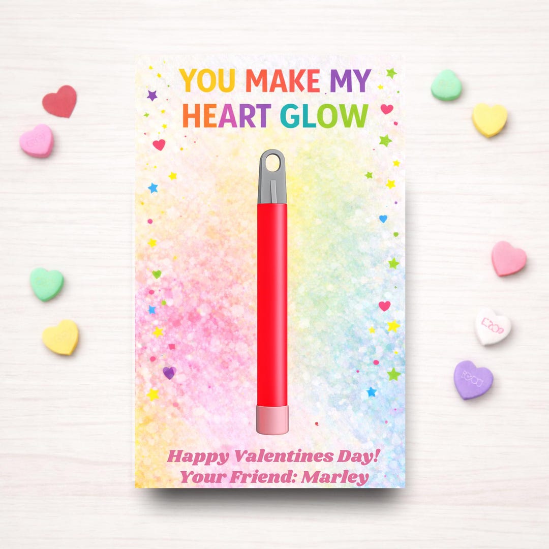 Glow Stick Valentines, Printable Valentine Card, Kids Classroom ...