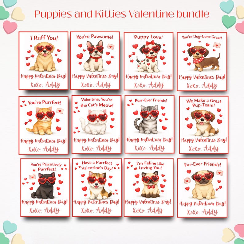 Puppy and Cat Valentine Cards for Kids Printable | Bundle | Editable ...