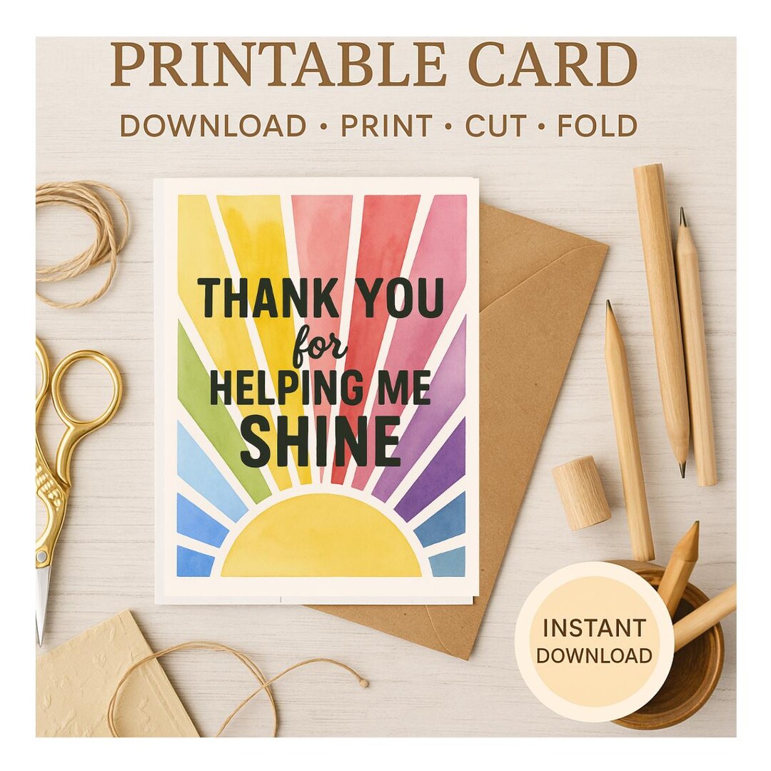 Printable Teacher Thank You Card | Foldable 5x7 Rainbow Card | Instant ...