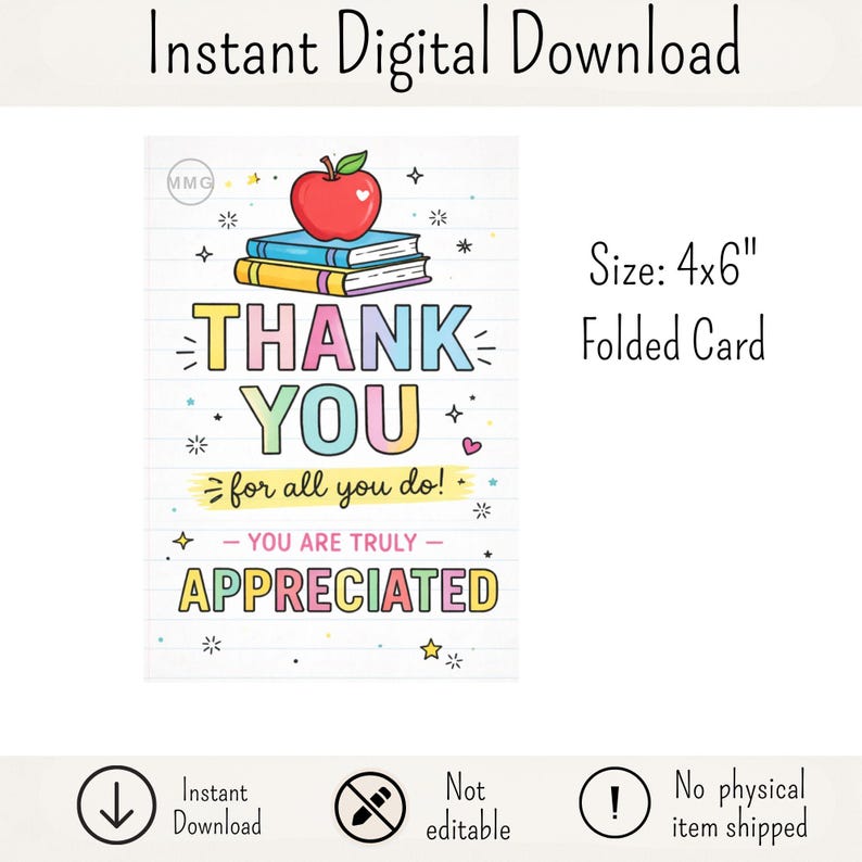 Teacher Appreciation Card, Thank You Note, End of Year Gift (printable ...