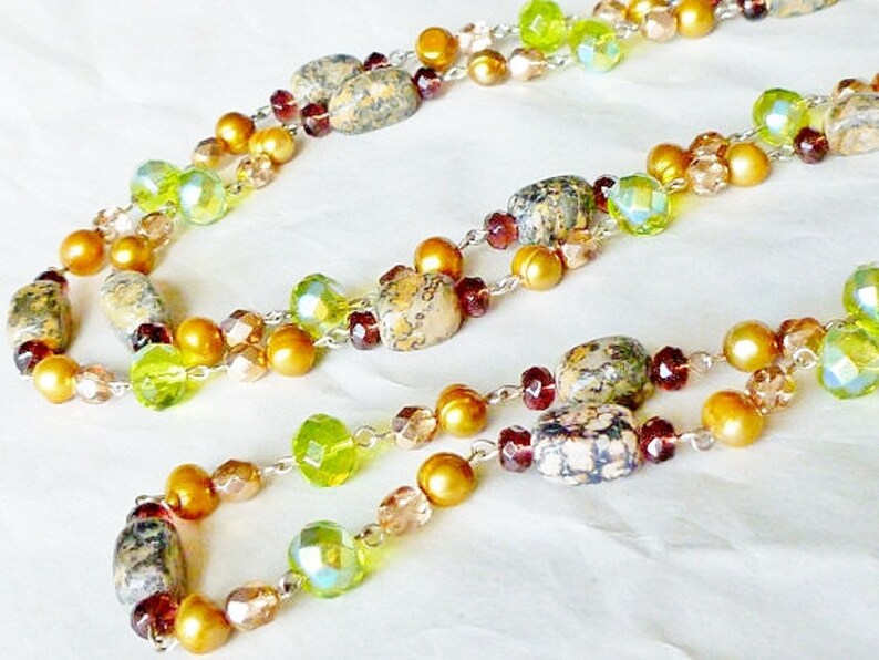 Long Strand Beaded Statement Necklace with Unakite Gold | Etsy