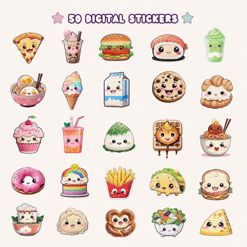 Kawaii Food Stickers Bundle, 50 Food PNG SVG for Planner, Cricut ...