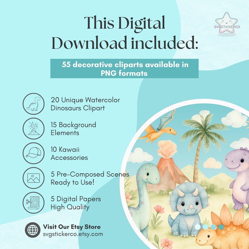 Watercolor Baby Dinosaurs Clipart Bundle, 55 Cute Dinosaurs Png Designs ...