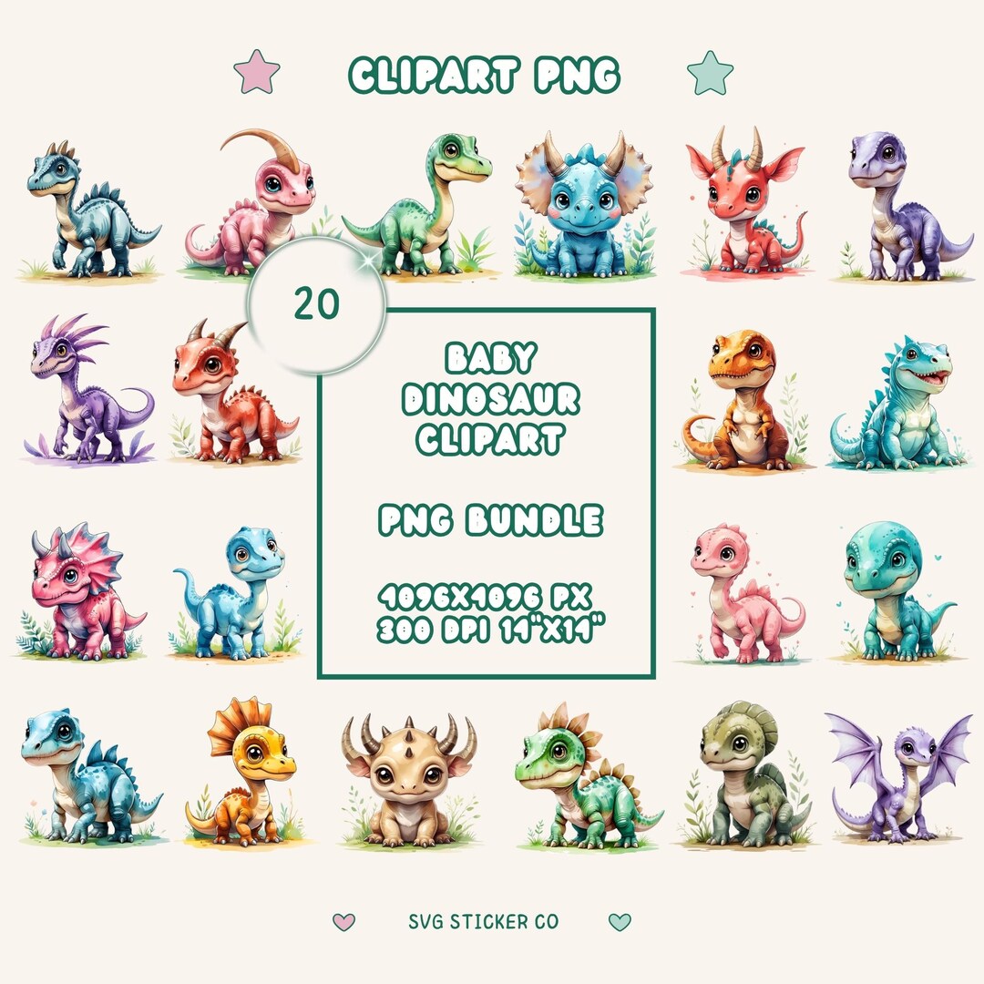 Watercolor Baby Dinosaur Clipart Bundle, 20 Cute Baby Dinosaur Png ...