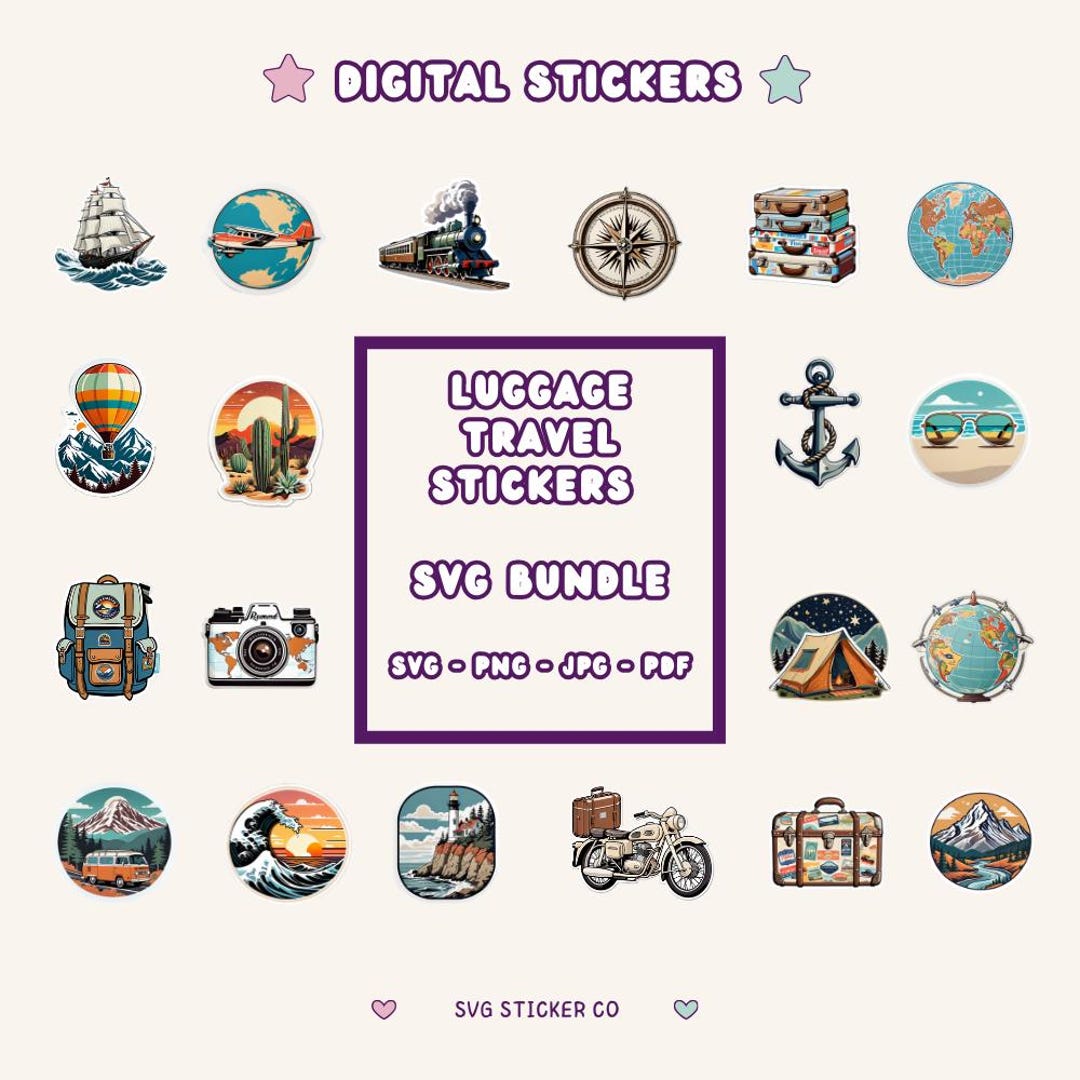 Luggage Stickers Pack | 20 Printable Travel Stickers | PNG JPG SVG ...