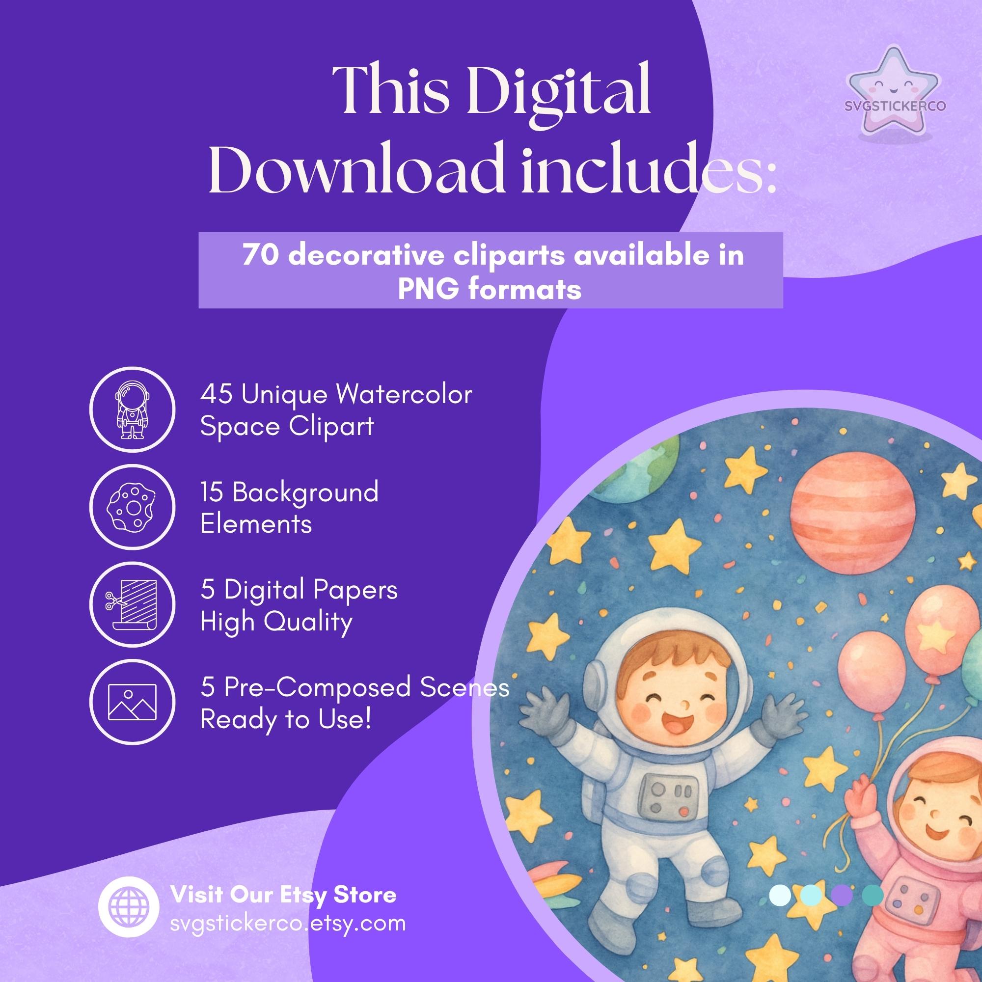 Watercolor Space Clipart Bundle, 70 PNG Designs With Planets ...