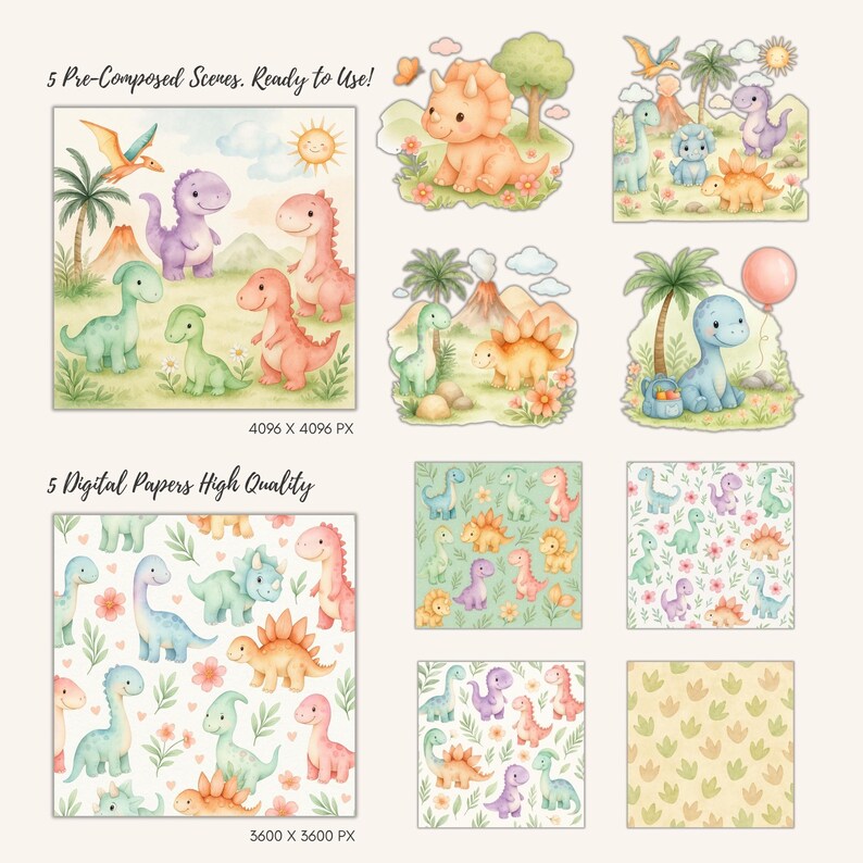 Watercolor Baby Dinosaurs Clipart Bundle, 55 Cute Dinosaurs Png Designs ...