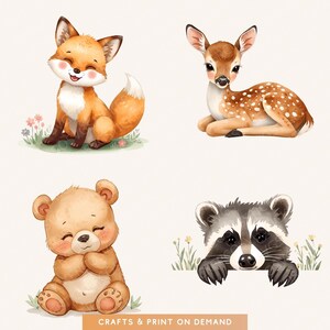 Watercolor Woodland Nursery Animals Clipart, Baby Forest Animal PNG ...