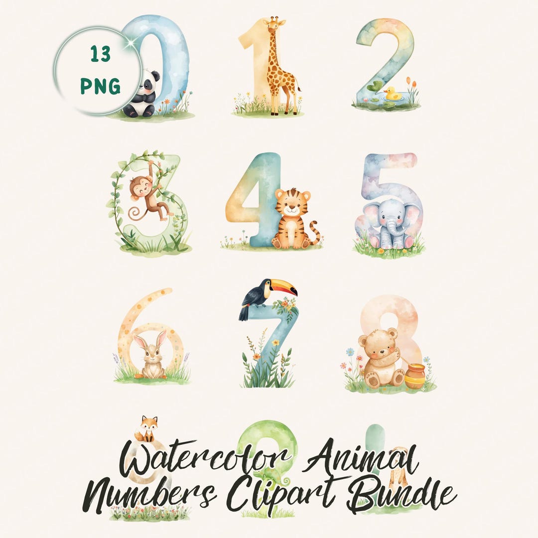 Watercolor Animal Numbers Clipart Bundle, Nursery Numbers & Symbols PNG ...